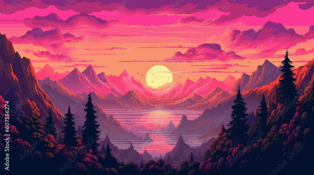 8-bit game background nostalgic landscape. Pixelated mountains, forests ...