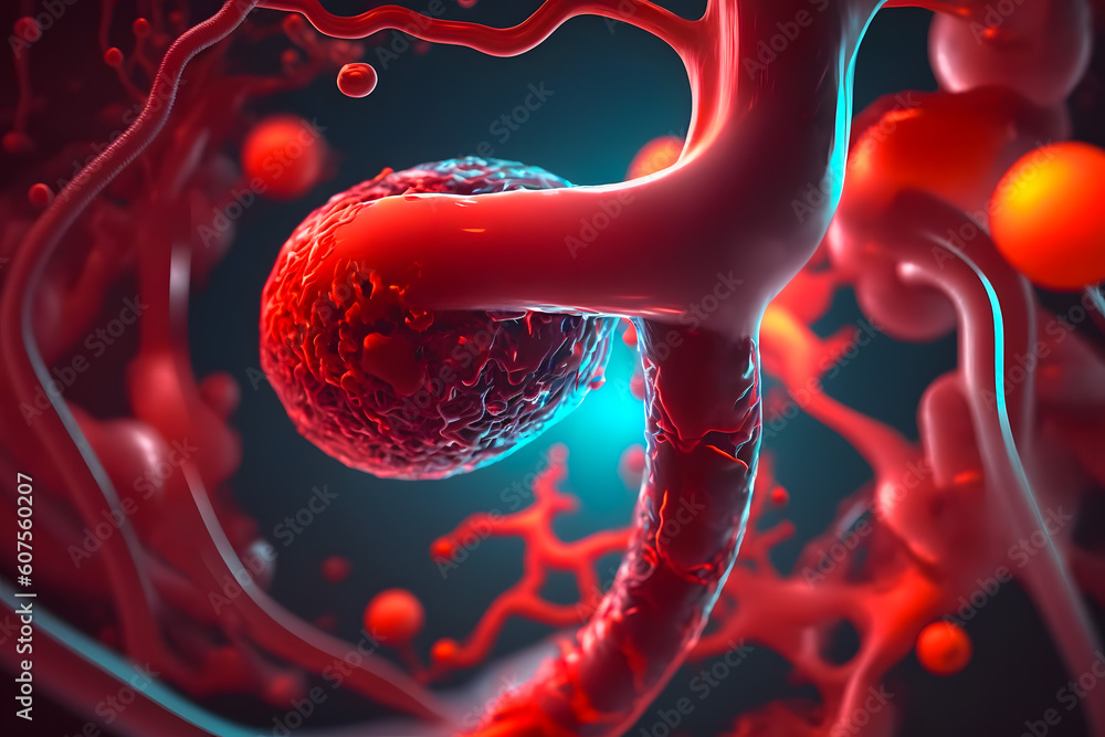 Blood vessel with an enlarged ball filled with blood, blood. A ...