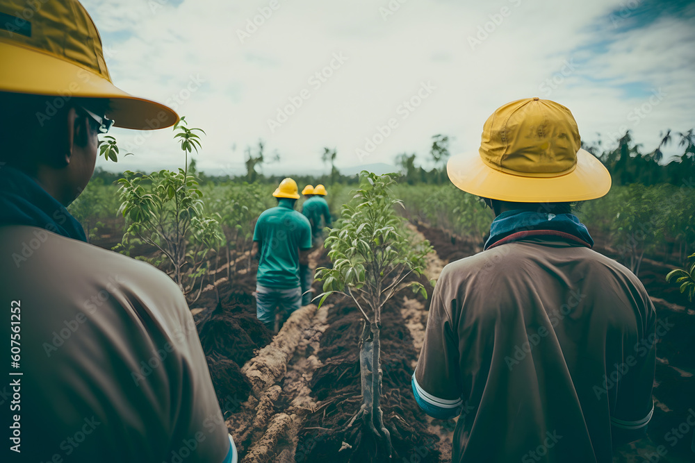Rear view of a tree planter a man walks along the future tree planting ...