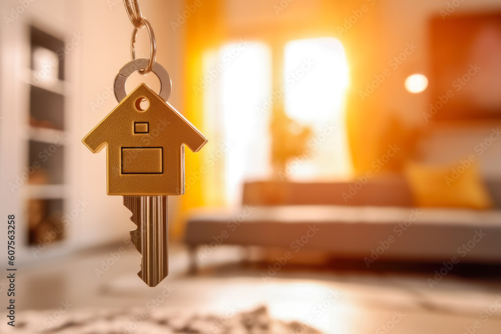 Opening door with golden house key chain on fuzzy interior background ...
