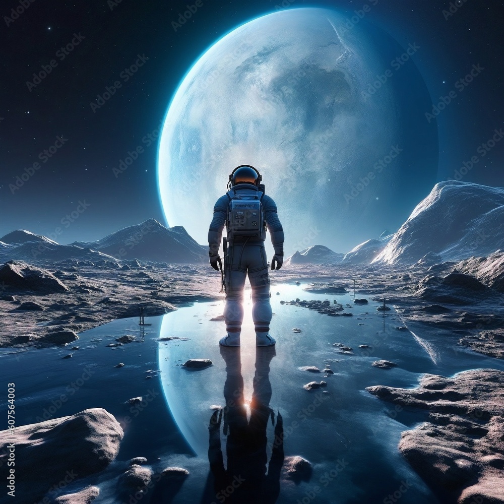 Astronaut exploring a planet in top of the water and watching how big ...