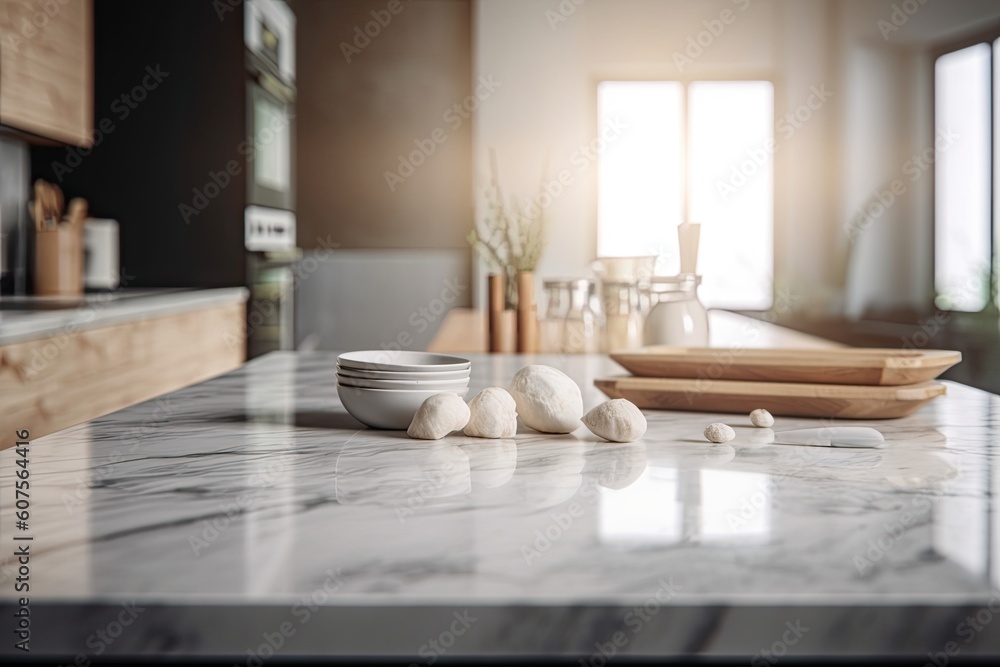 Background of a marble table goods display in a kitchen setting with ...