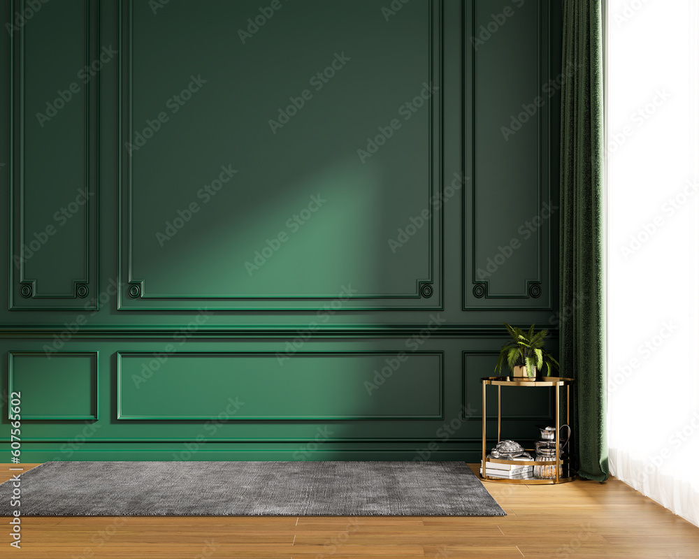 Modern classic green wall paneling empty interior with window and ...