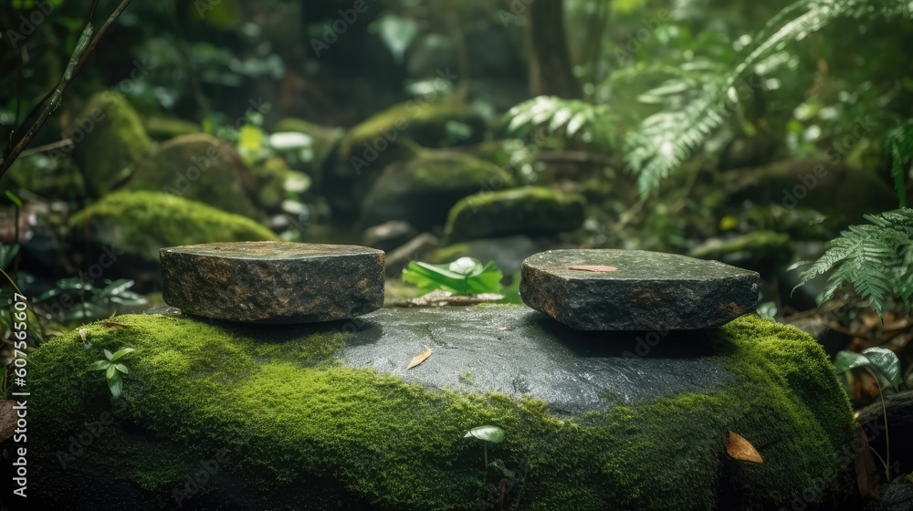 Two empty low, flat stones platform in a forest. Mockup for product ...