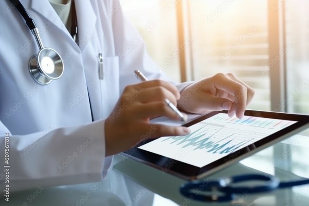 Male doctor using tablet computer in clinic, doctor with stethoscope on ...