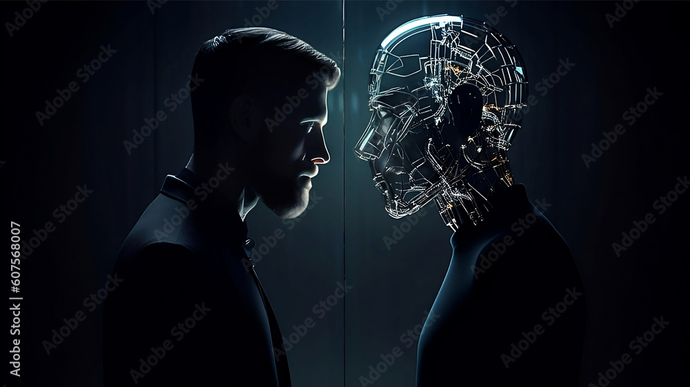 Man standing next to a robot head in a dark room, cyberpunk art, future ...