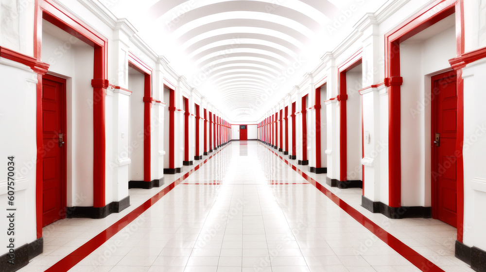 A white corridor, long, symmetrical, and lined with identical red doors ...