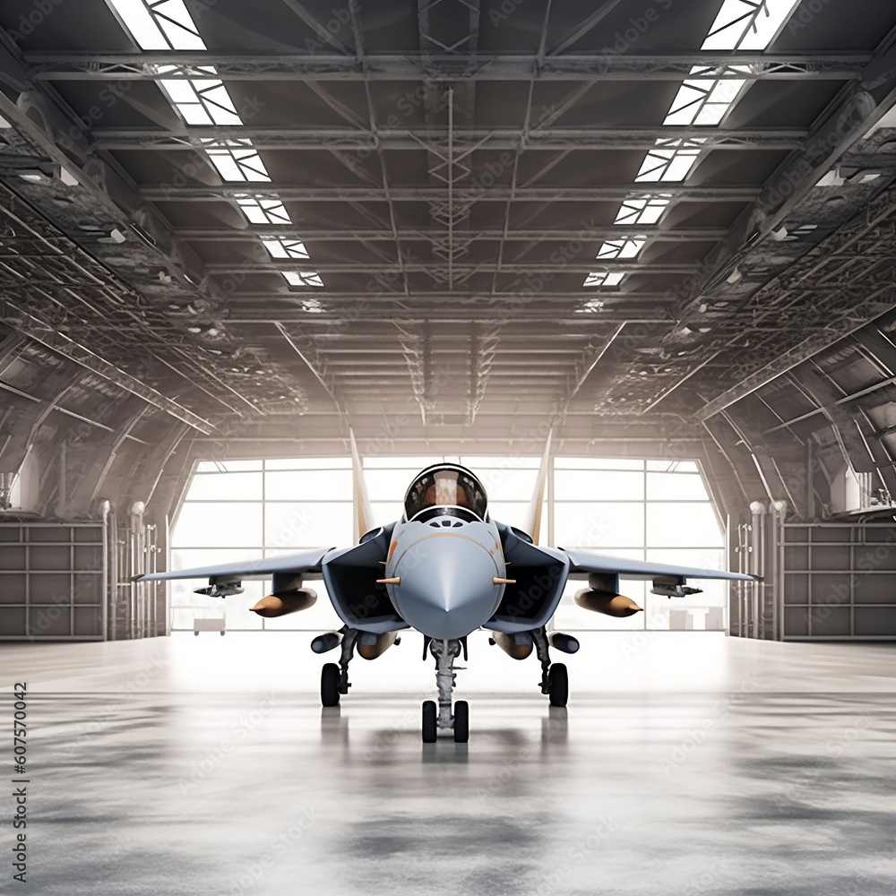 Generic military fighter jet parked inside a military barracks: Wide ...