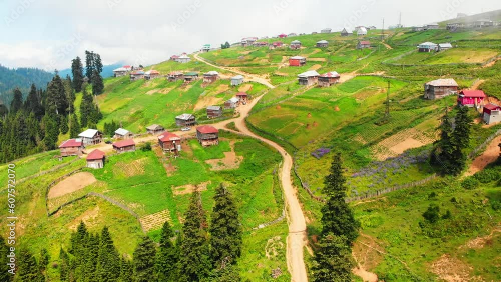 Panorama old beautiful colorful wooden houses in traditional mountains ...
