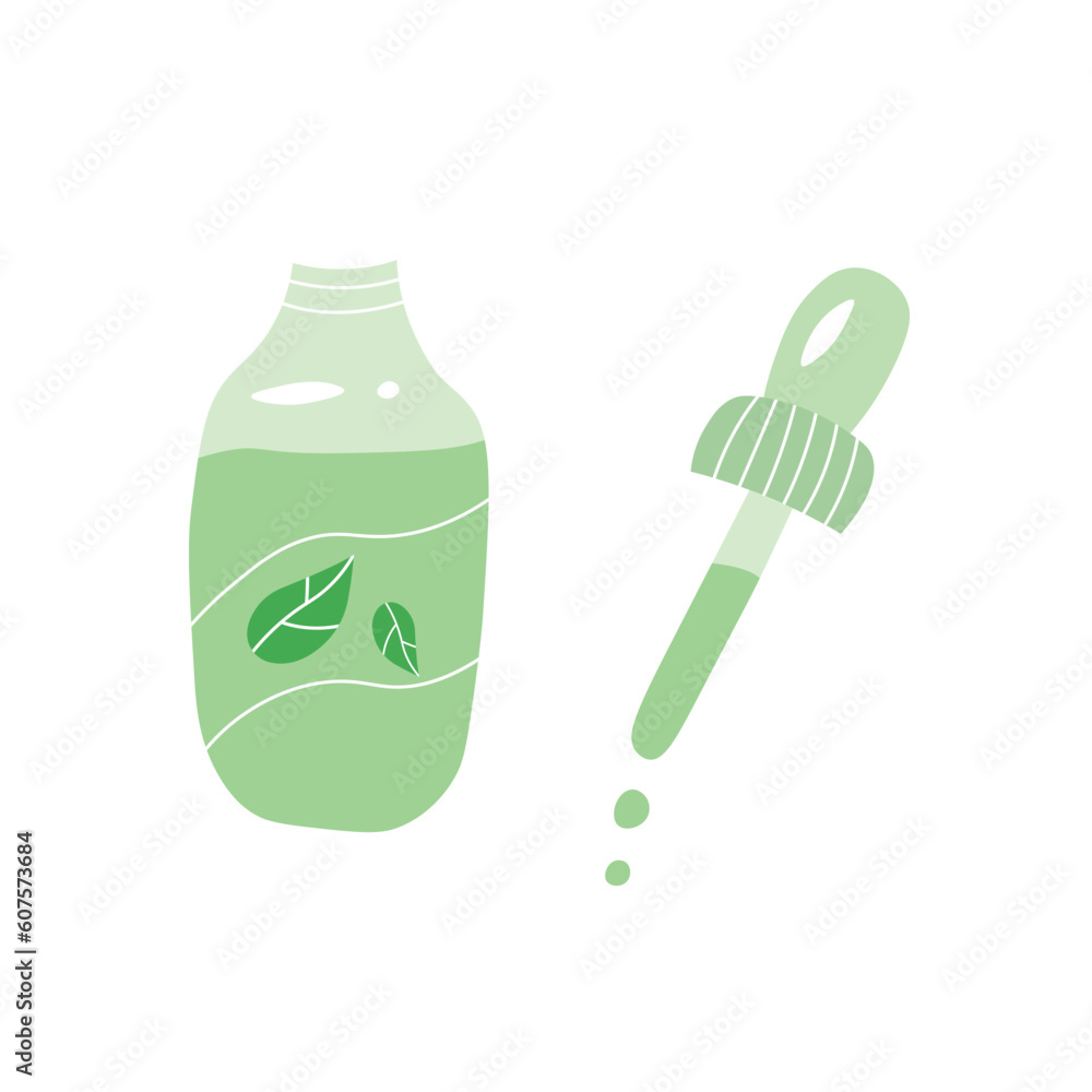 Green liquid drug with bottle and pipette. Doodle cartoon illustration ...