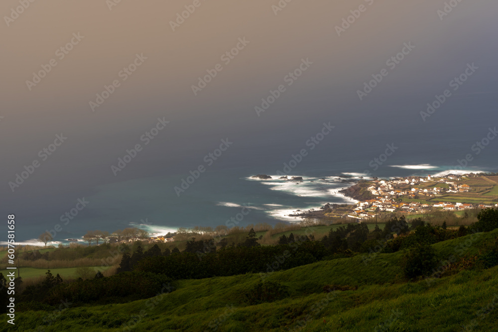 Village Mosteiros with rocky islands Ilhéus dos Mosteiros. View from ...