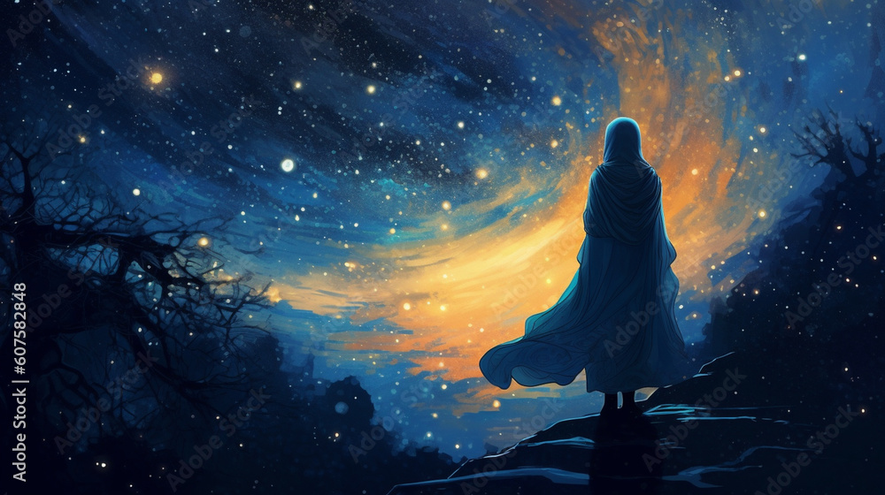 A mystical starry night sky, with a girl in a celestial-inspired burqa ...