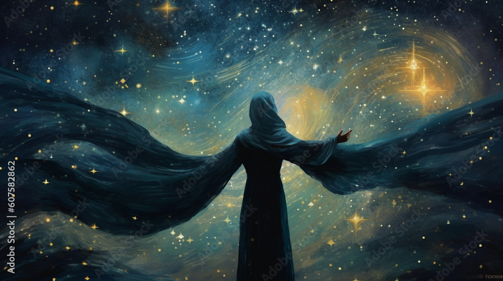 A mystical starry night sky, with a girl in a celestial-inspired burqa ...