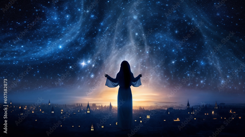 A mystical starry night sky, with a girl in a celestial-inspired burqa ...