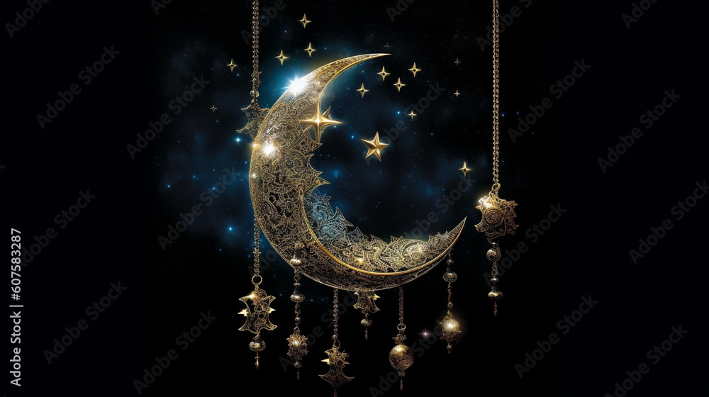 A celestial scene depicting the moon and stars elegantly intertwined ...
