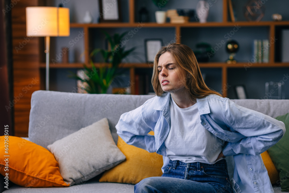 Stomach ache concept. The sad crying woman with stomach ache. Facial ...