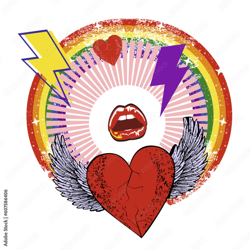 T Shirt Design Of A Winged Heart A Rainbow And Symbols Of Thunderbolt