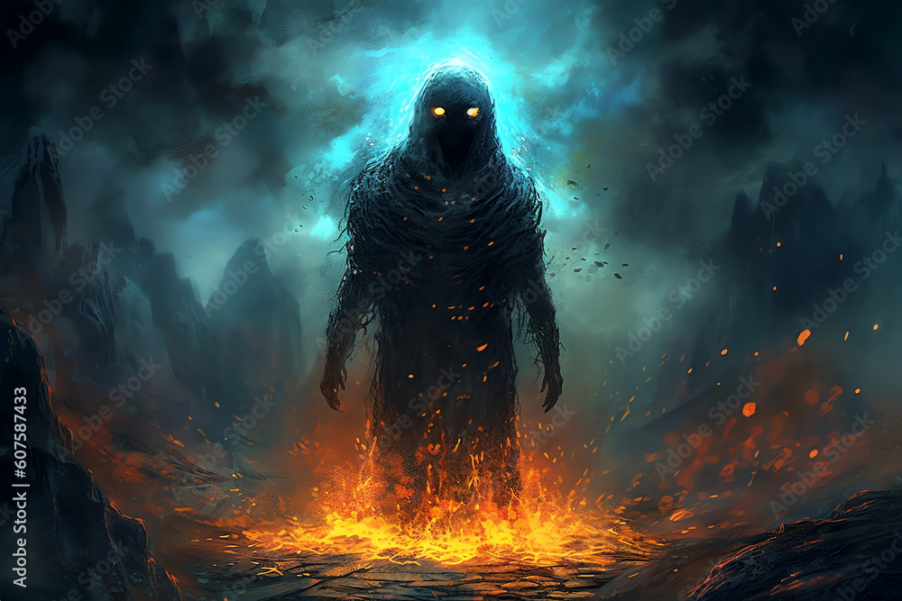 Fényképezés Dark shadow creature emerging from a bonfire - Generative ...