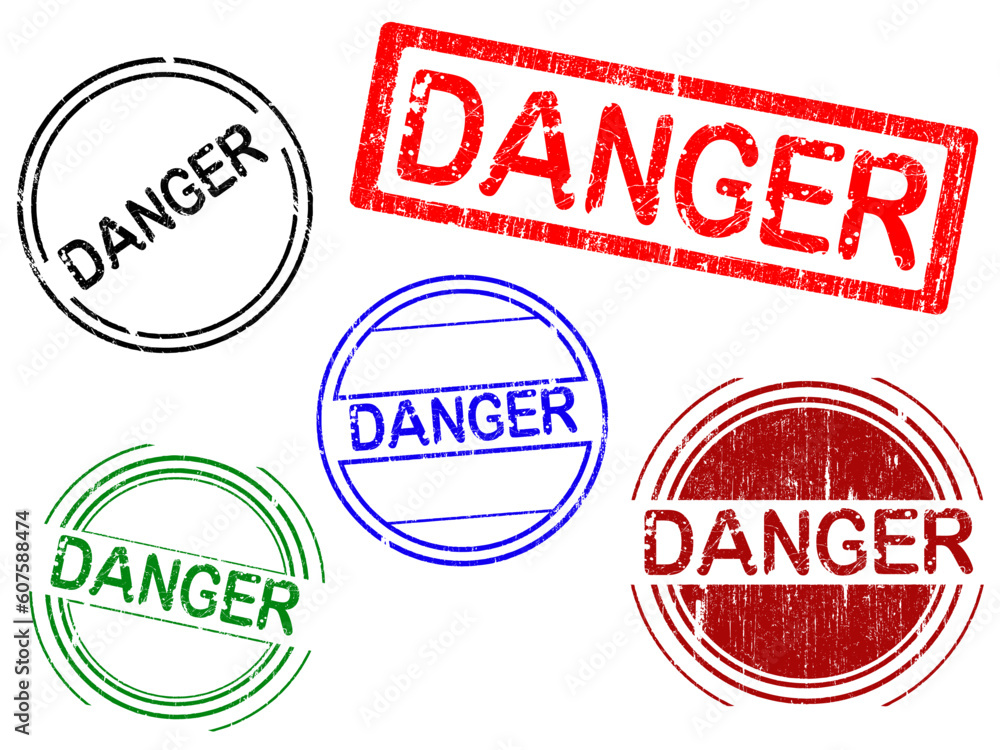 5 Grunge Office Stamps with the word DANGER in a grunge splattered text ...