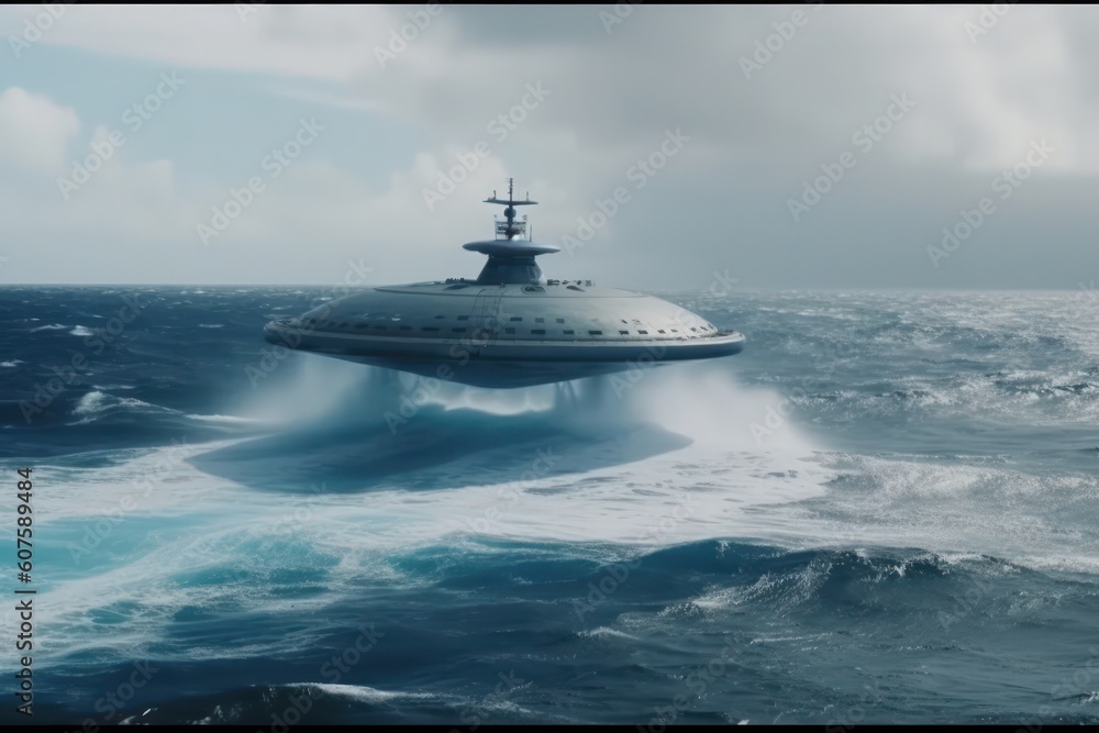 UFO, an alien spaceship with a blue beam of light, takes off from under ...