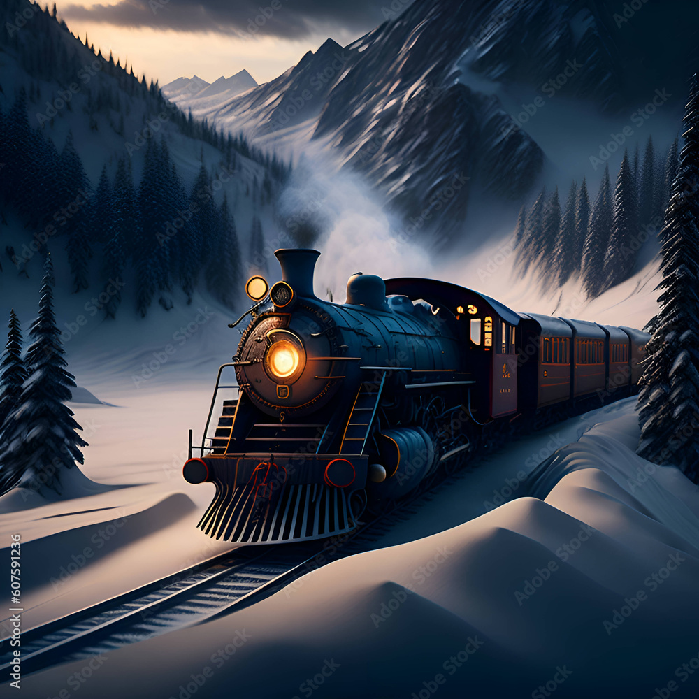 Pixar-style steam locomotive train running in the snow ilustração do ...