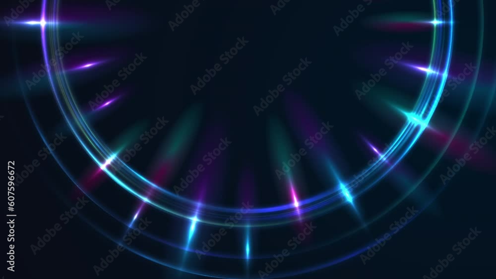 Blue purple neon laser rings with rays abstract background. Seamless ...
