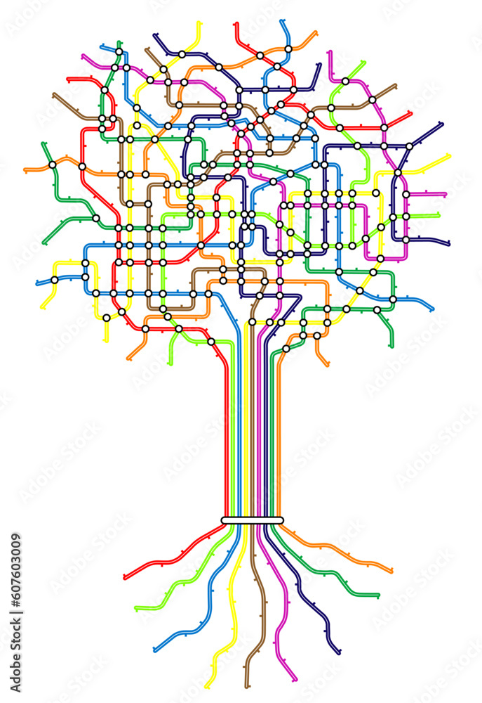 Editable vector subway map in shape of a tree with easy to change line ...