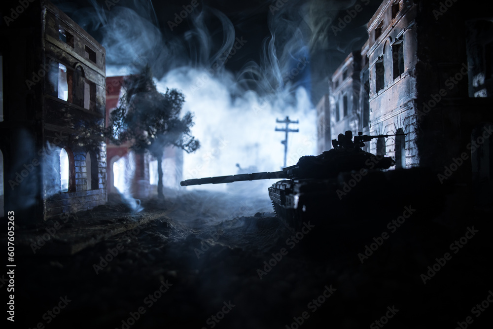 War Concept. Military silhouettes fighting scene on war fog sky ...