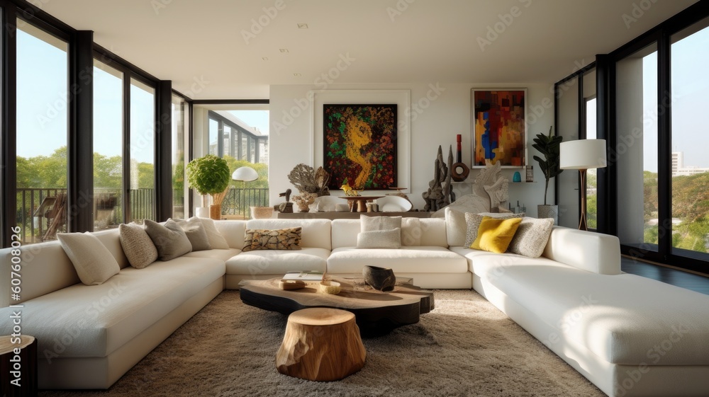 The interior design of open concept living and dining room with a ...