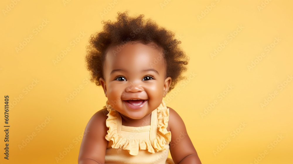 Smiling afro-american baby on the yellow background, copyspace ...
