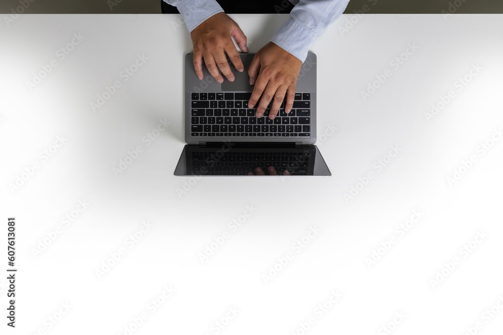person happy using a computer notebook top view overhead copy workspace ...