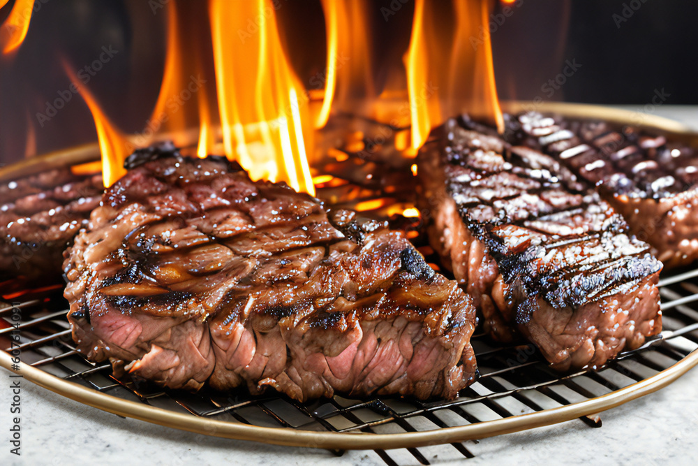 Grilling steak over an open flame for a smoky flavor. Watching the ...