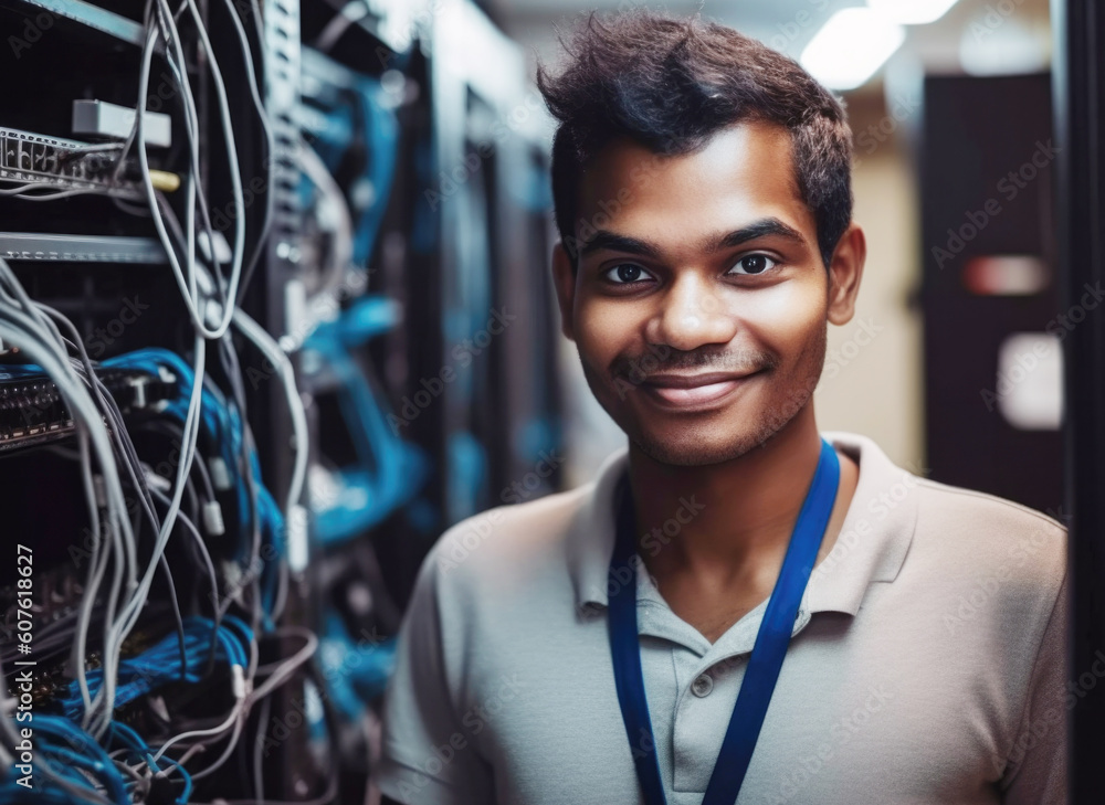 Portrait of Indian engineer technician in computer server room ...