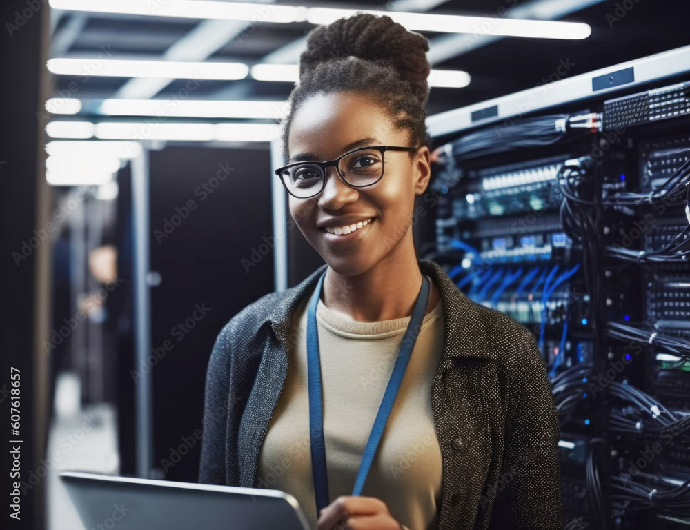 Portrait of Black woman engineer tech in computer server room ...