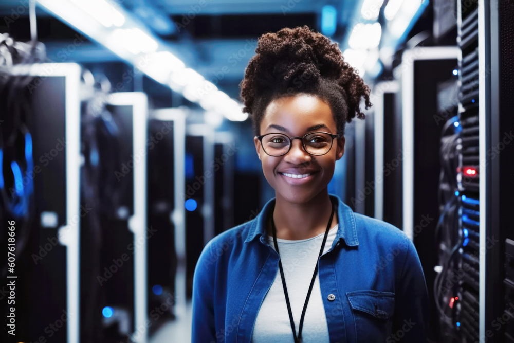 Portrait of Black woman engineer tech in computer server room ...