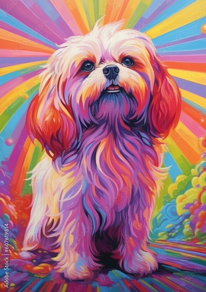 Colorful malteses dog portrait with long hair and rainbow background ...