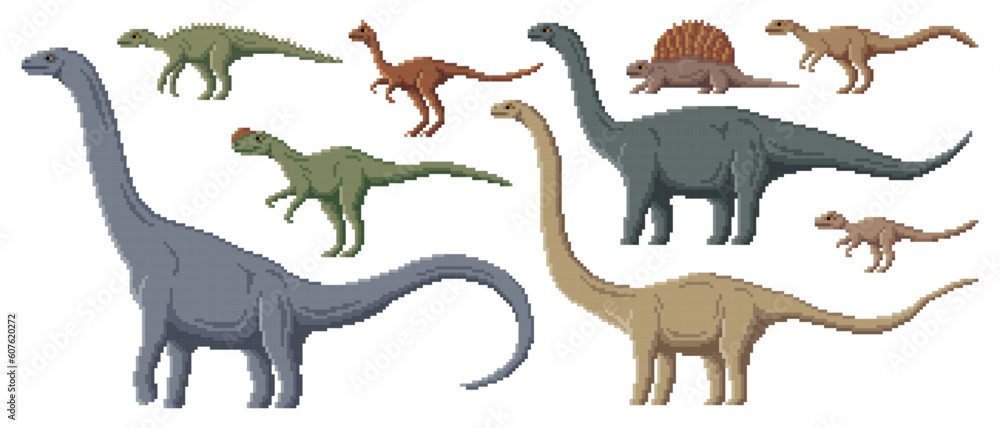 Pixel dinosaur characters. 8 bit pixel art game dino animals ...