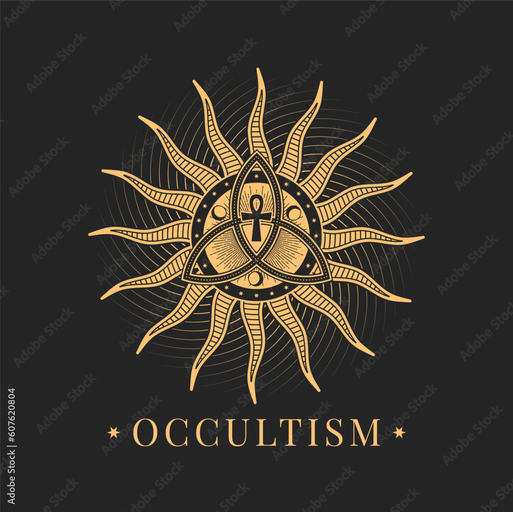 Occultism and magic, esoteric astrology icon. Triquetra, ankh, moon ...