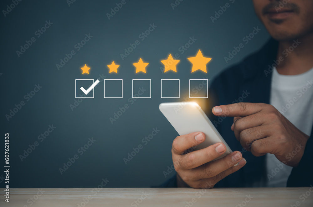 Business man checkmark in the box, the least satisfaction rating is one ...