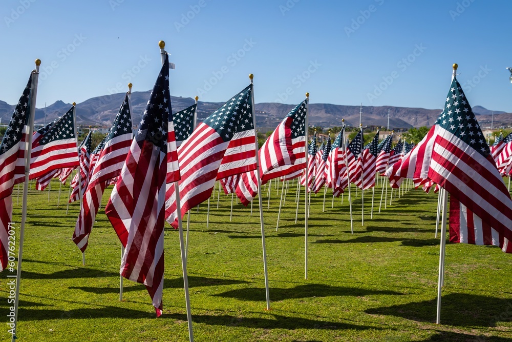 Hundreds of flags fly over a park field in Henderson, Nevada for ...