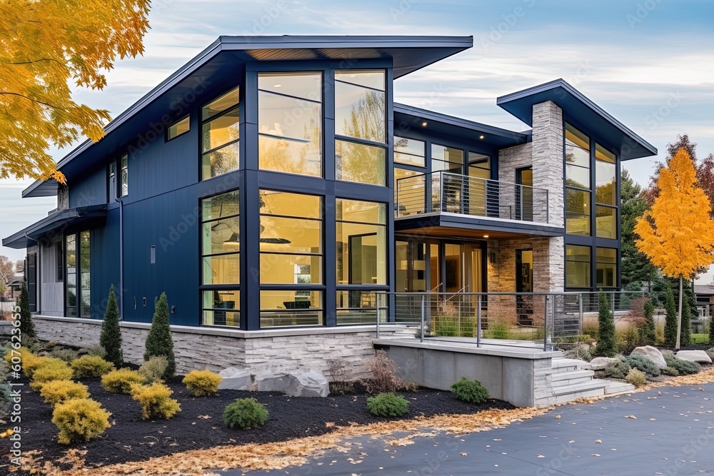 Contemporary Architecture Meets Navy Blue Siding: Modern Dwelling with ...