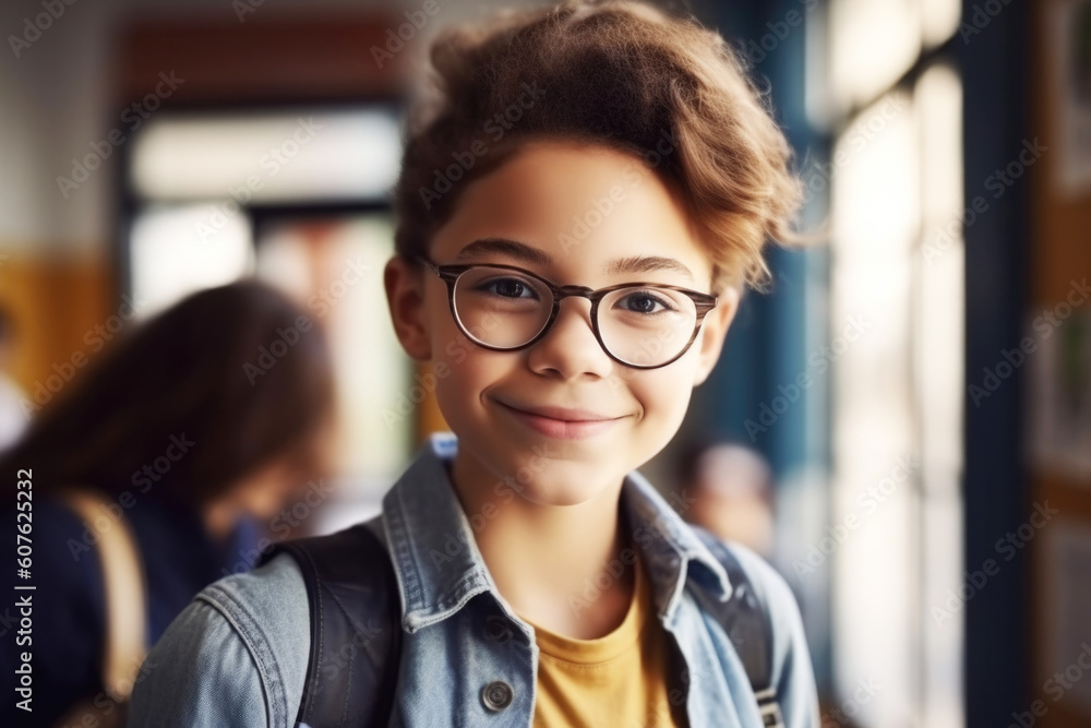 Gender neutral pre teen student in school hallway with kids in ...