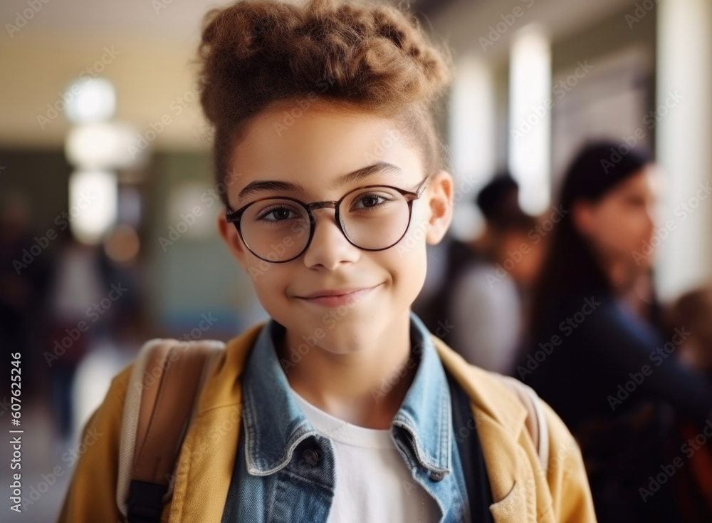 Non binary pre teen in school hallway with kids in background ...