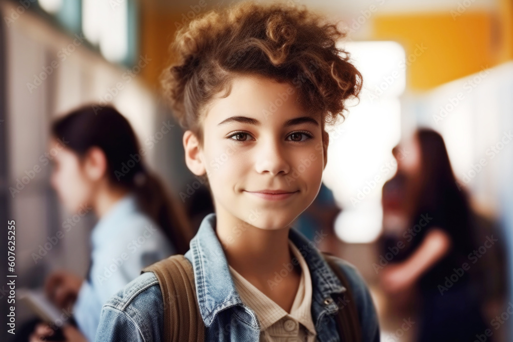 Non binary teen in school hallway with kids in background. Generative AI. Stock Illustration ...