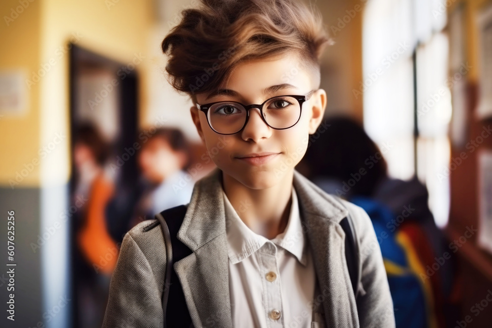 Stylish non binary pre teen student in school hallway with kids in ...