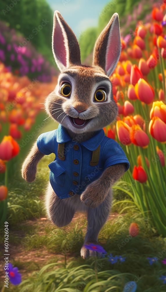 cartoon rabbit running field flowers uncanny valley happy radiant ...