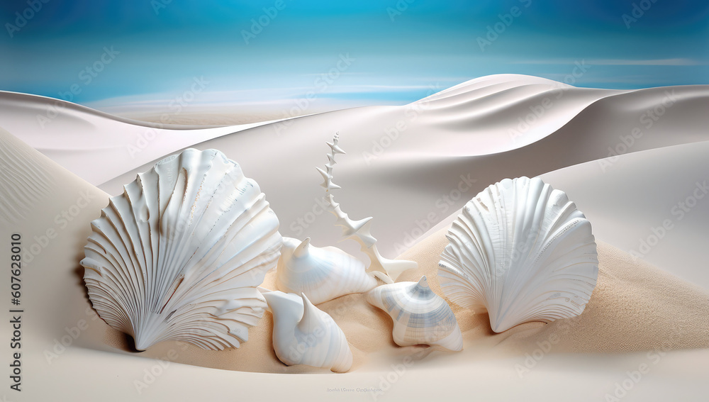 shells and seashells on the beach, in the style of surreal 3d ...
