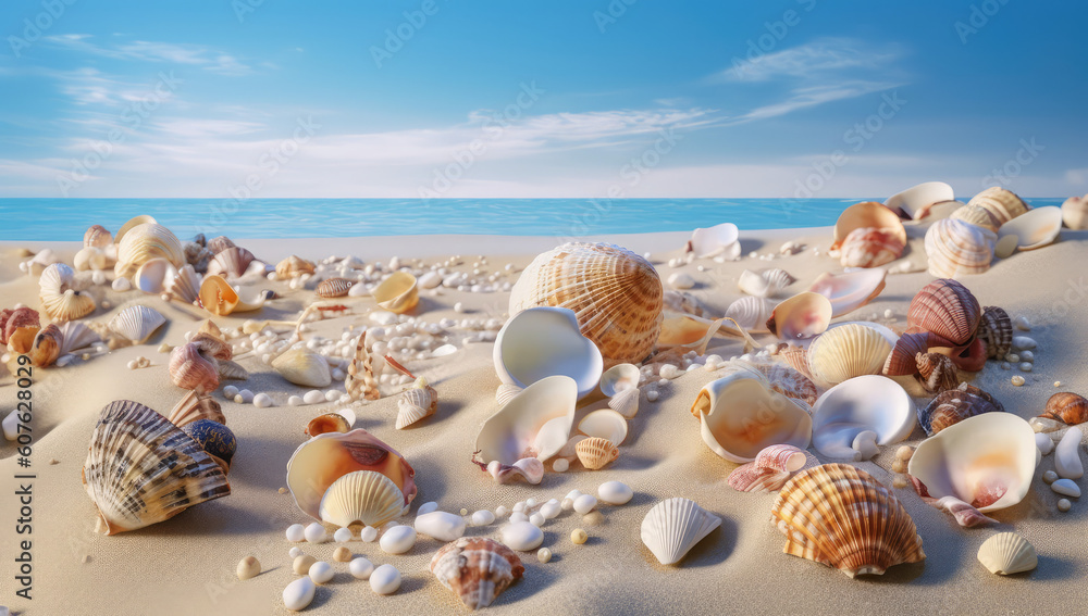shells and seashells on the beach, in the style of surreal 3d ...