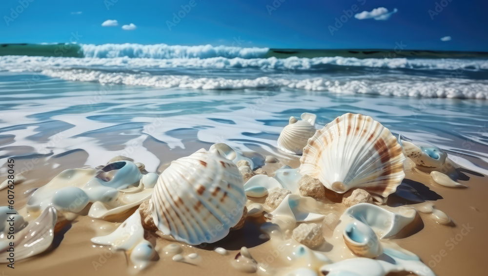 shells and seashells on the beach, in the style of surreal 3d ...