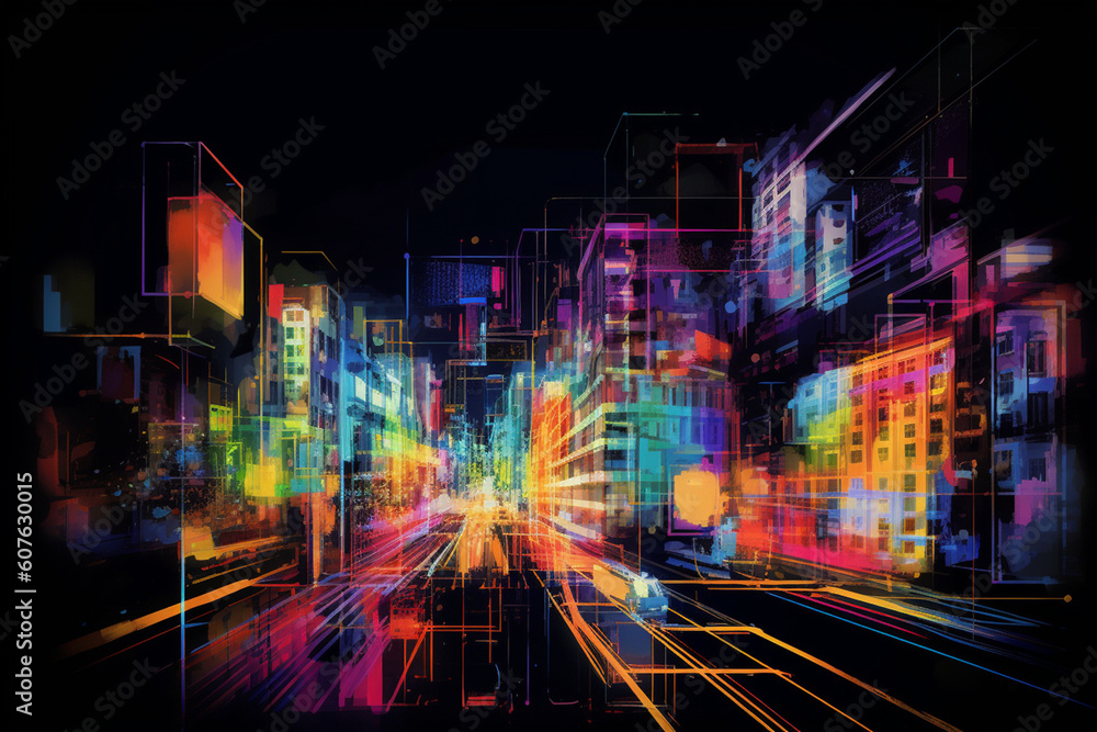An abstract representation of a vibrant city nightlife inspired by Piet ...